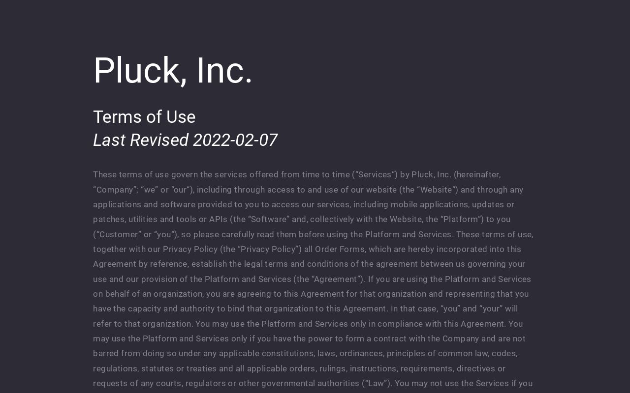 Pluck, Inc. Terms of Use